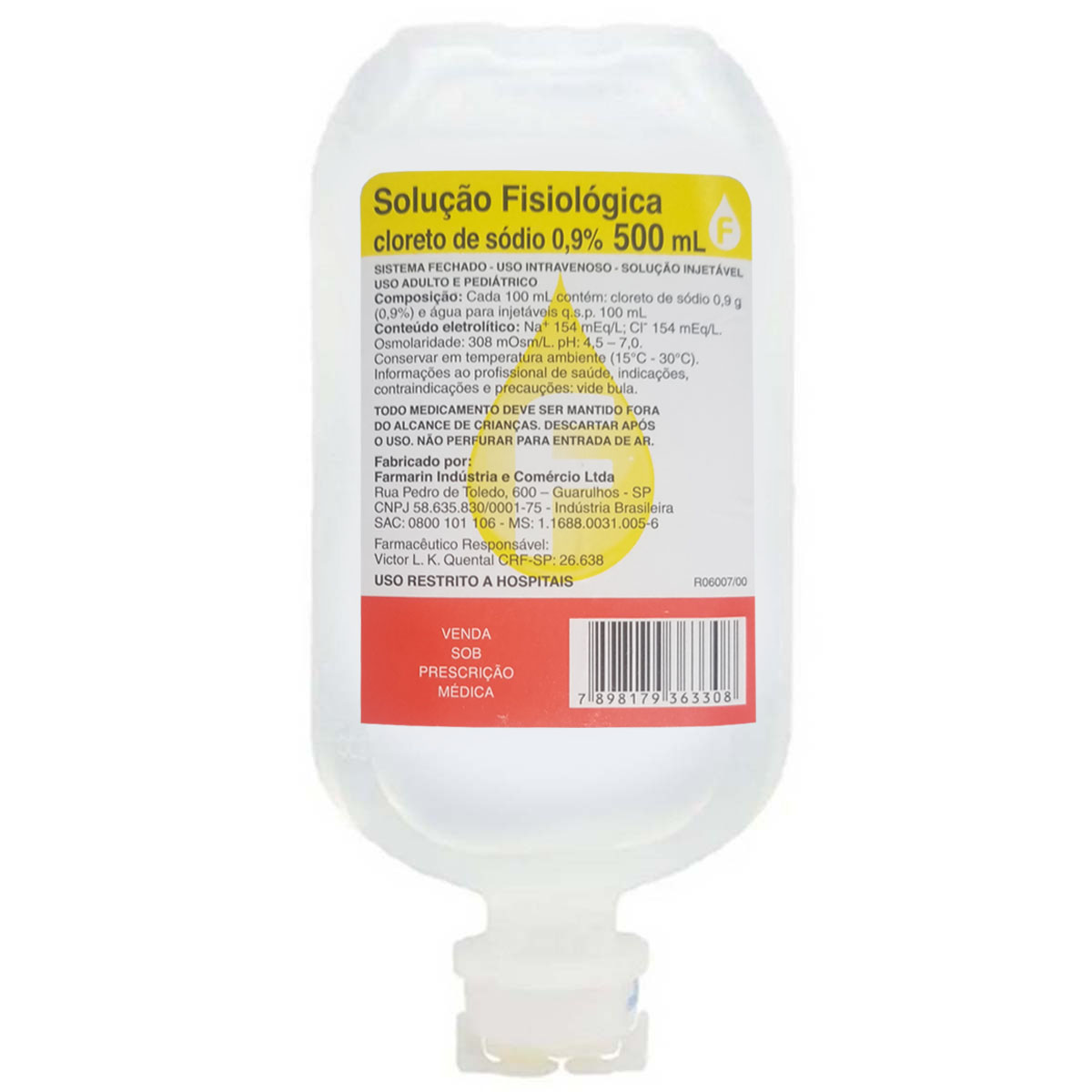 Soro Fisiologico de Sódio 0,9% Frasco 500ML Farmarin